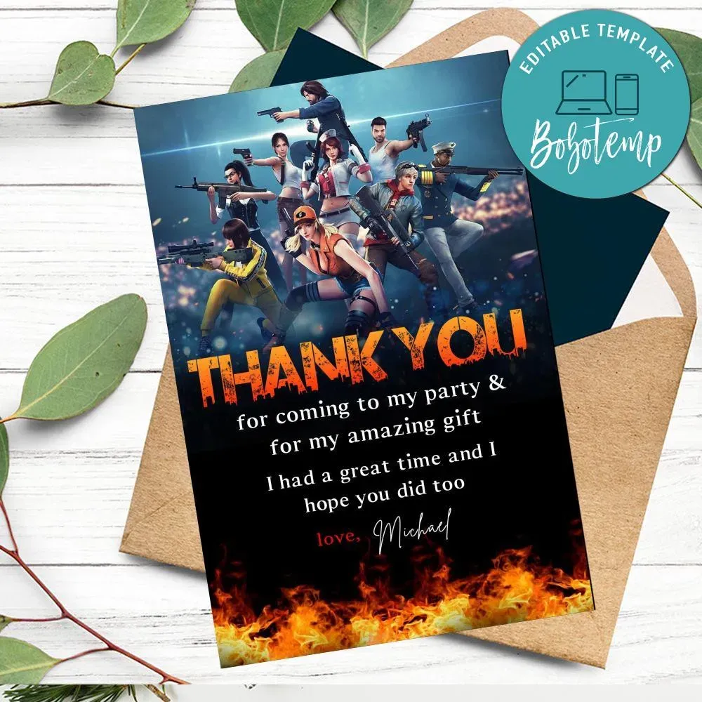 Free fire Thank you card Customizable Template DIY | Bobotemp