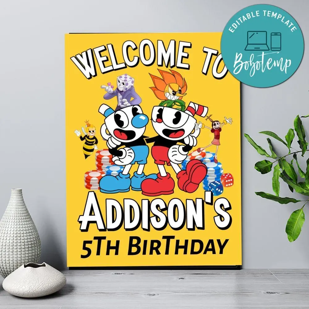 Cuphead Birthday Welcome Sign Digital File Printable DIY | Bobotemp