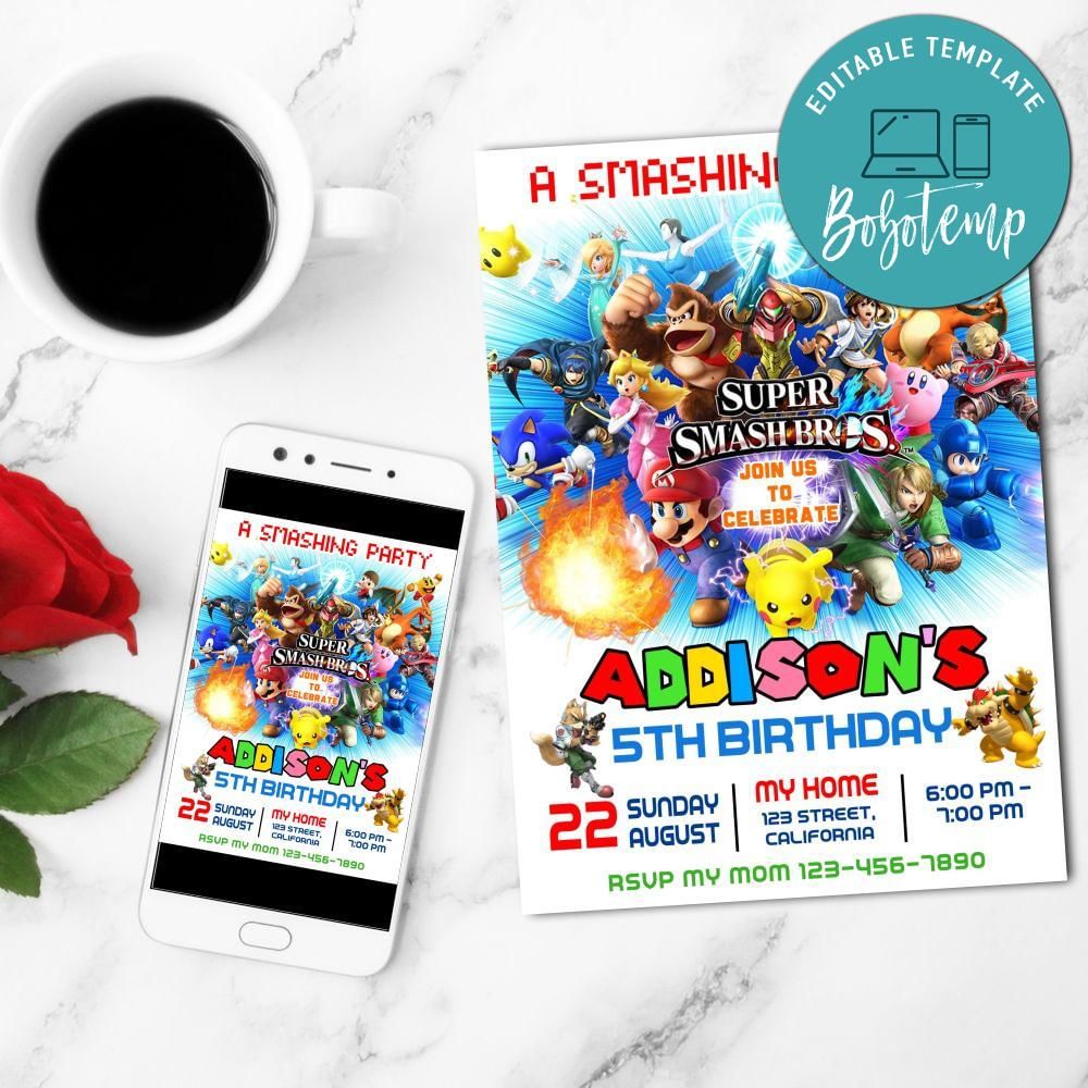 Super smash brothers Invitation Customizable Template DIY | Bobotemp