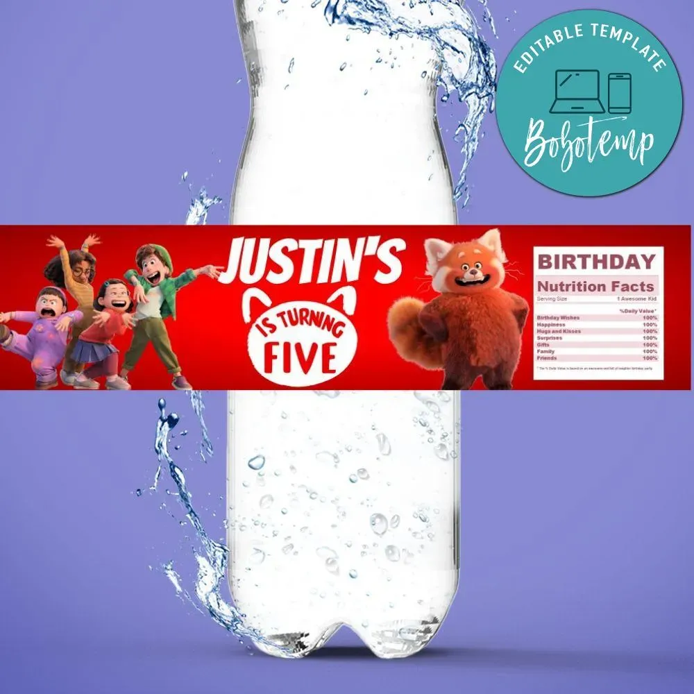 Pixar Turning Red Birthday Water Bottle Label Template | Bobotemp