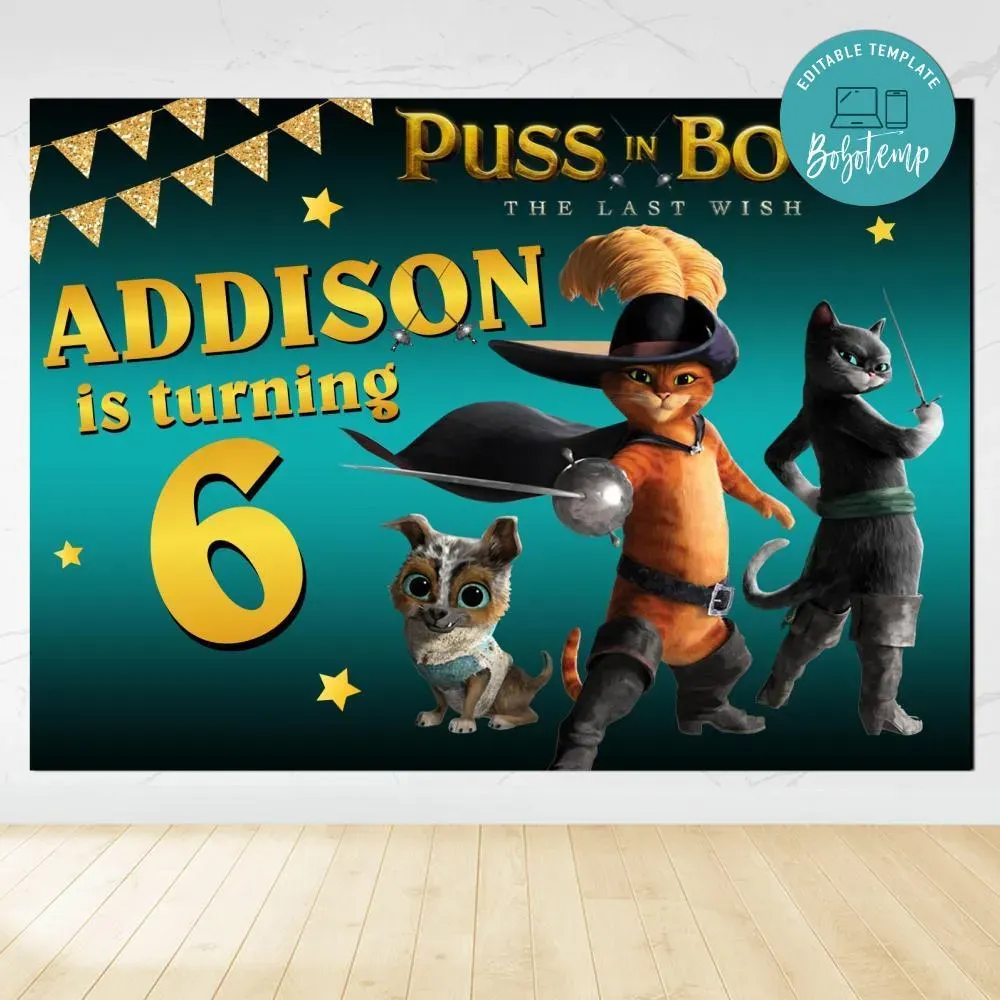 Puss in Boots Birthday Backdrop Digital File Template | Bobotemp