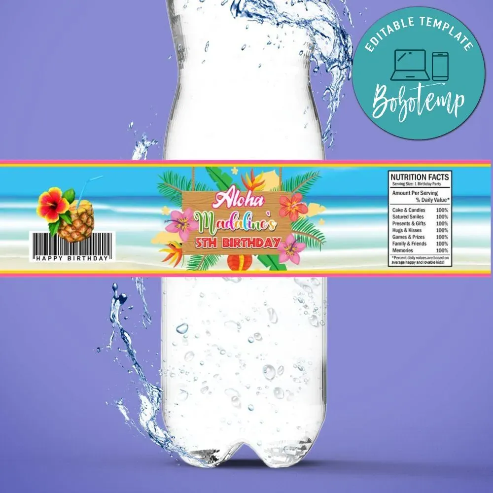 Hawaiian Birthday Water Bottle Label Template | Bobotemp