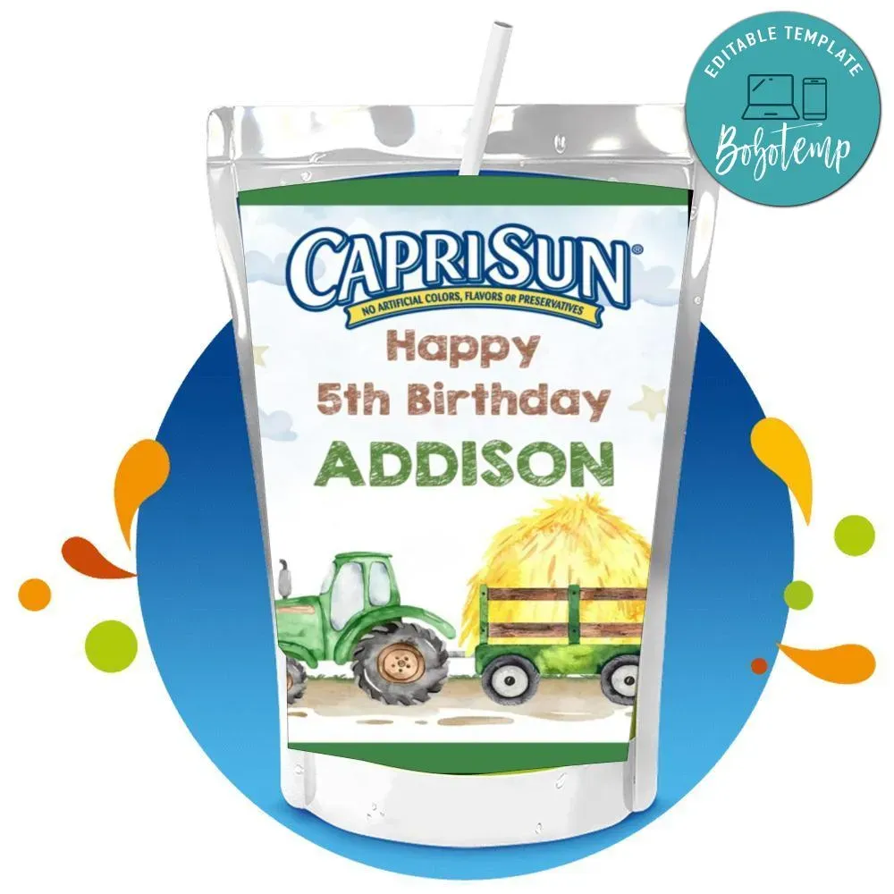 Tractor Capri Sun Birthday Digital File Printable Bobotemp