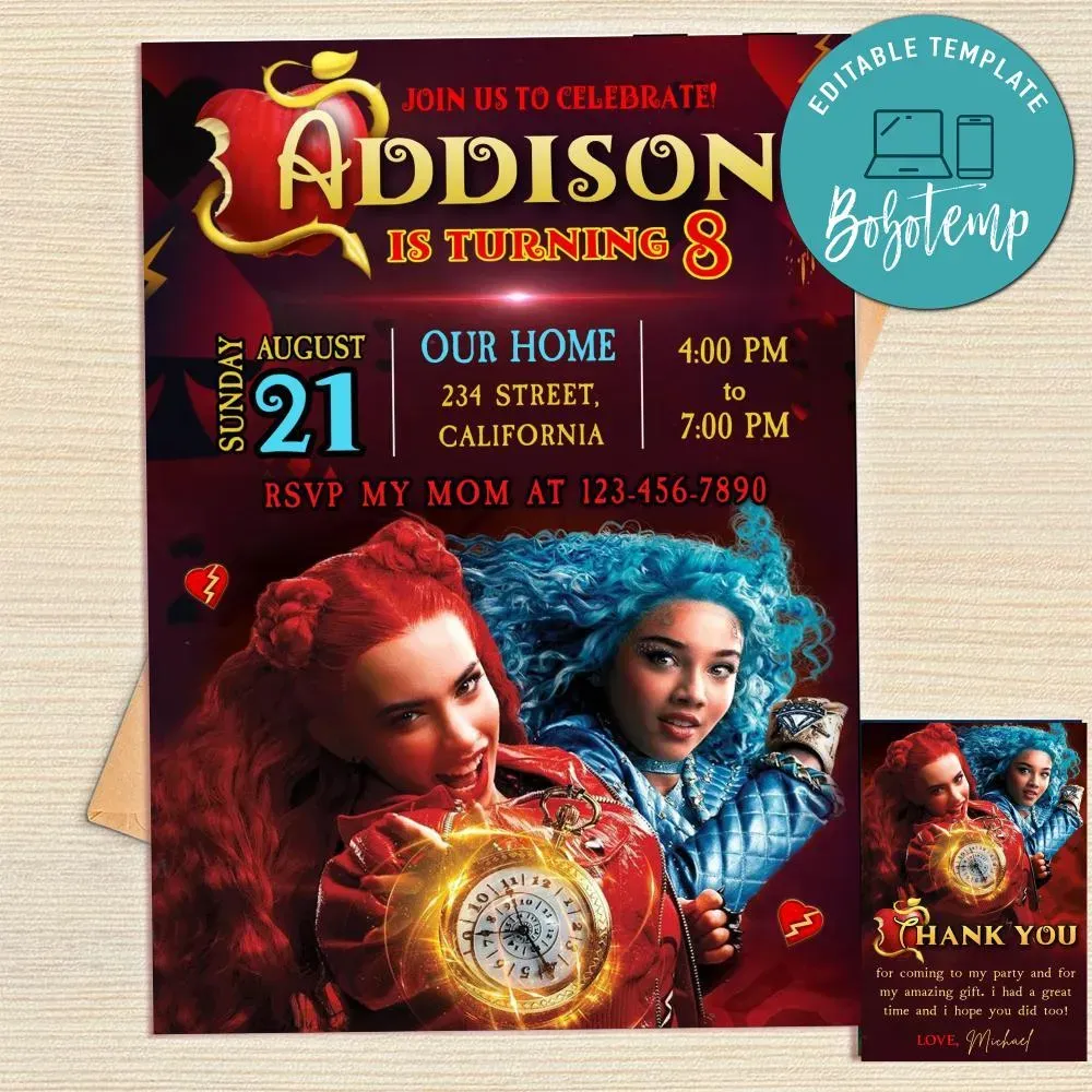 Descendants Rise Of The Red Invitation Template Free Thank You Card ...