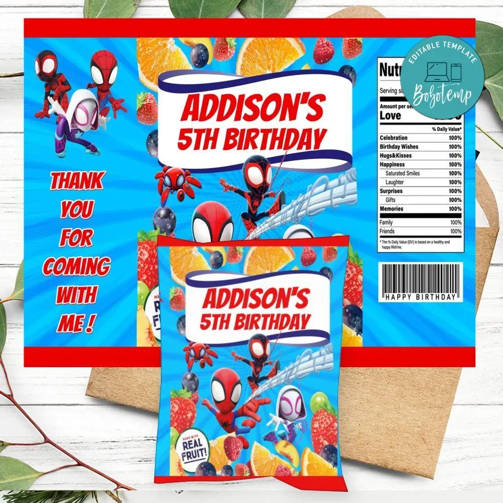 Spidey And His Amazing Friends Birthday Party Fruit Snack Bag Digital ...