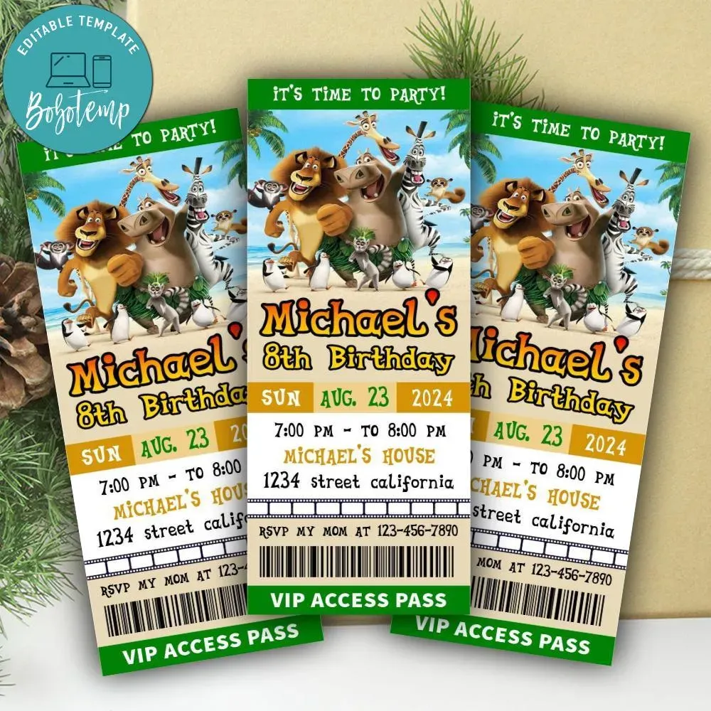 Madagascar Ticket Invitation Customizable Template | Bobotemp