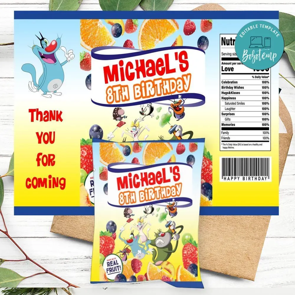 Oggy Birthday Party Fruit Snack Bag Digital File | Bobotemp