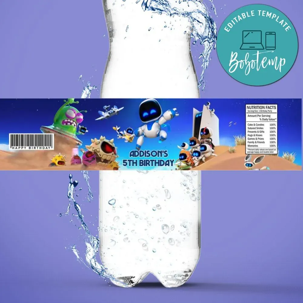 Astro bot Birthday Water Bottle Label Template | Bobotemp