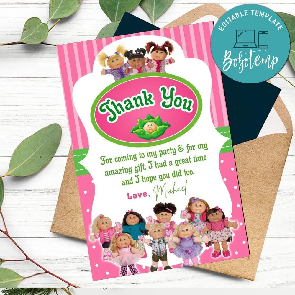 Cabbage Patch Thank You Card Customizable Template DIY | Bobotemp