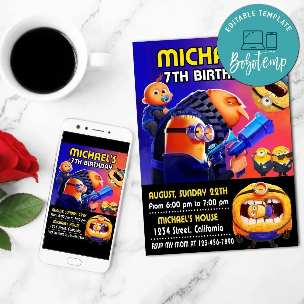 Despicable me 4 Birthday Invitation Customizable Template DIY | Bobotemp