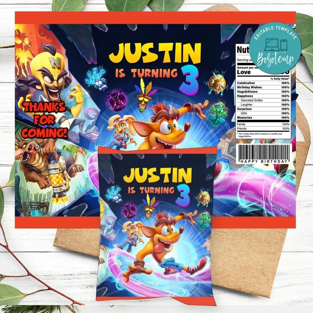 Crash bandicoot Birthday Party Chip Bag Digital File DIY | Bobotemp