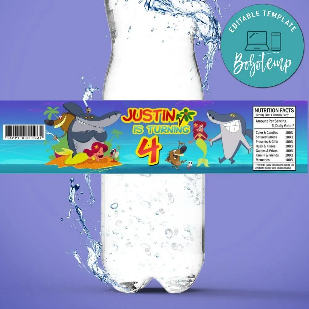 Zig & Sharko Birthday Water Bottle Label Template | Bobotemp