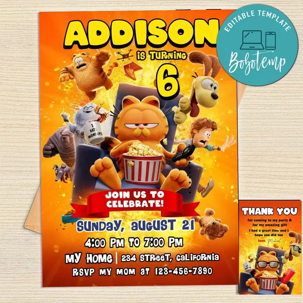 Garfield Invitation Template Free Thank You Card Printable | Bobotemp