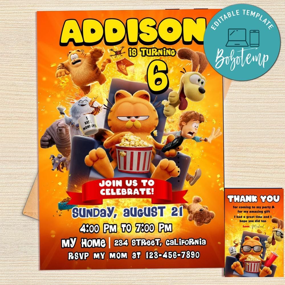 Garfield Invitation Template Free Thank You Card Printable | Bobotemp