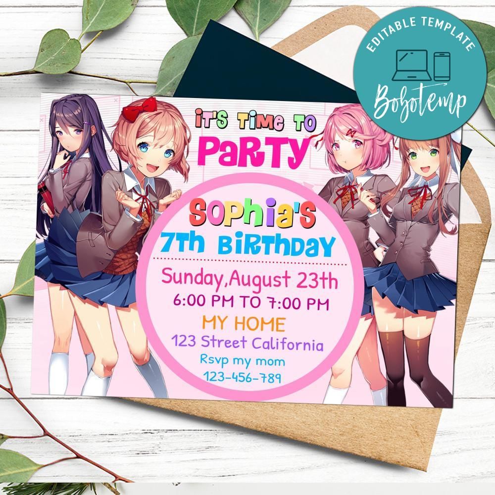 Doki Doki Literature Club Invitation Customizable Template DIY | Bobotemp