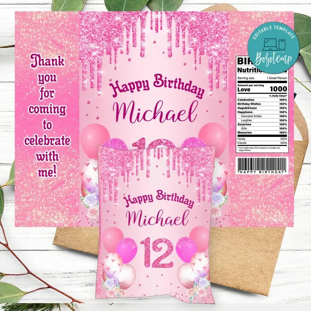 Shades of pink Birthday Chip Bag Digital File Printable | Bobotemp