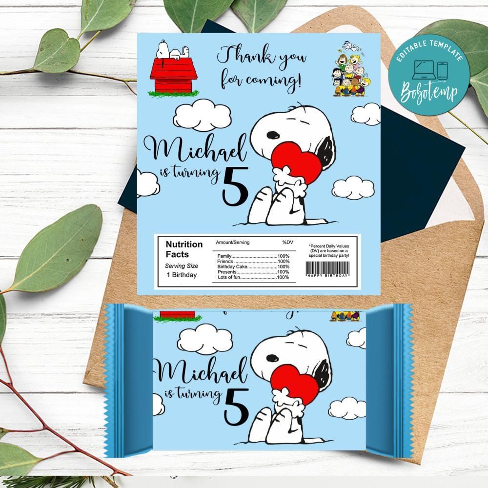 Snoopy Candy bar Label Customizable Template DIY | Bobotemp