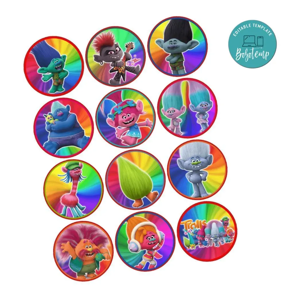 Trolls Cupcake Toppers Template Printable Instant Download | Bobotemp