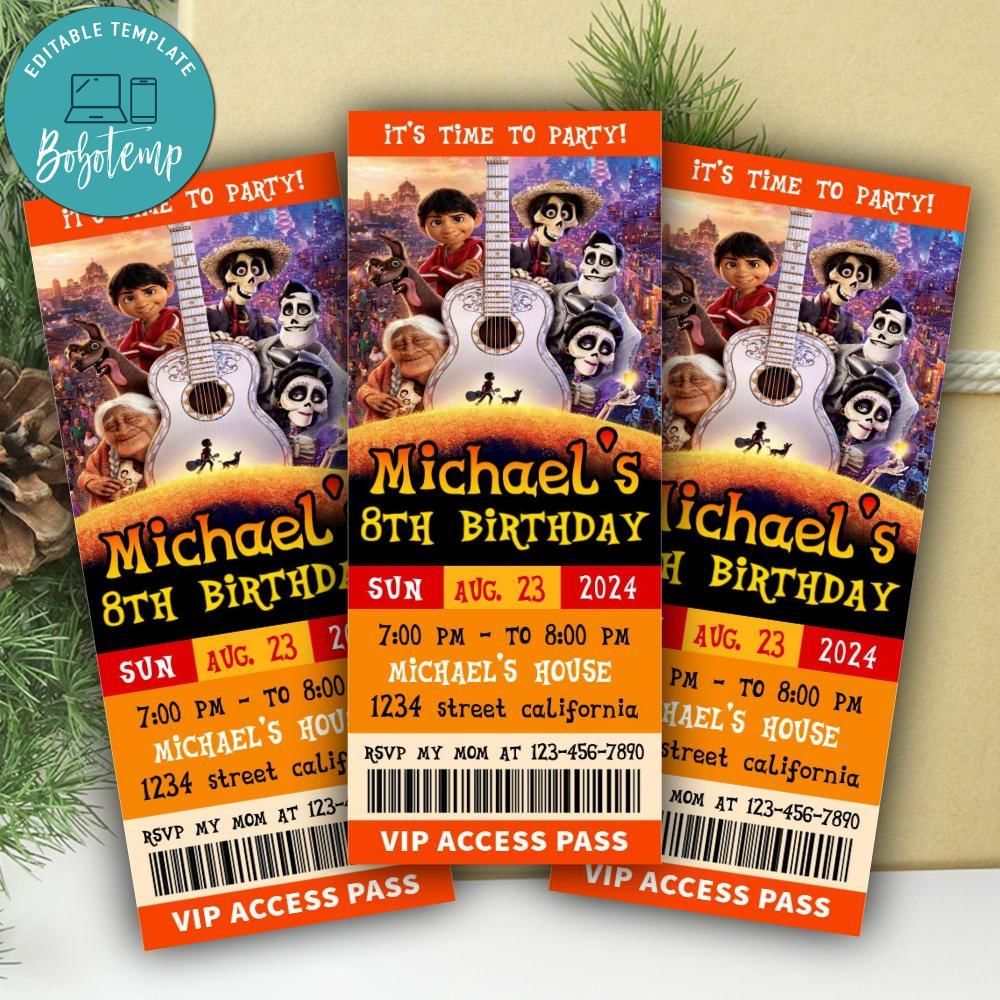 Coco Disney Ticket Invitation Customizable Template | Bobotemp