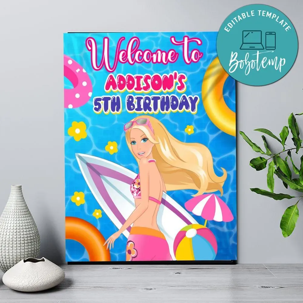 Barbie Pool Birthday Welcome Sign Digital File Printable DIY | Bobotemp