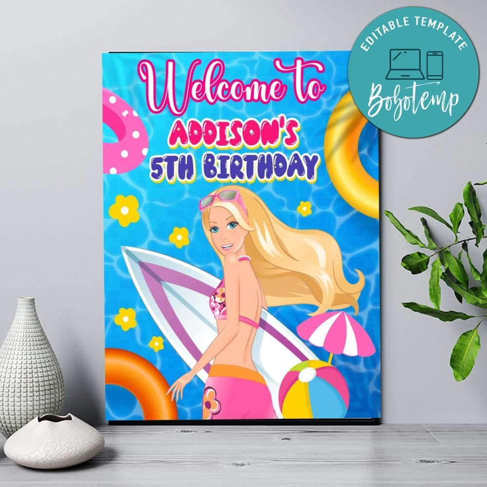 Barbie Pool Birthday Welcome Sign Digital File Printable DIY | Bobotemp