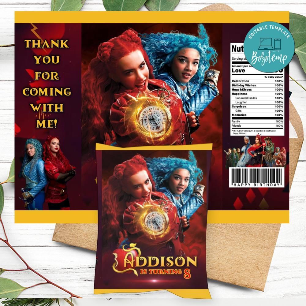Descendants rise of the red Birthday Party Chip Bag Digital File | Bobotemp