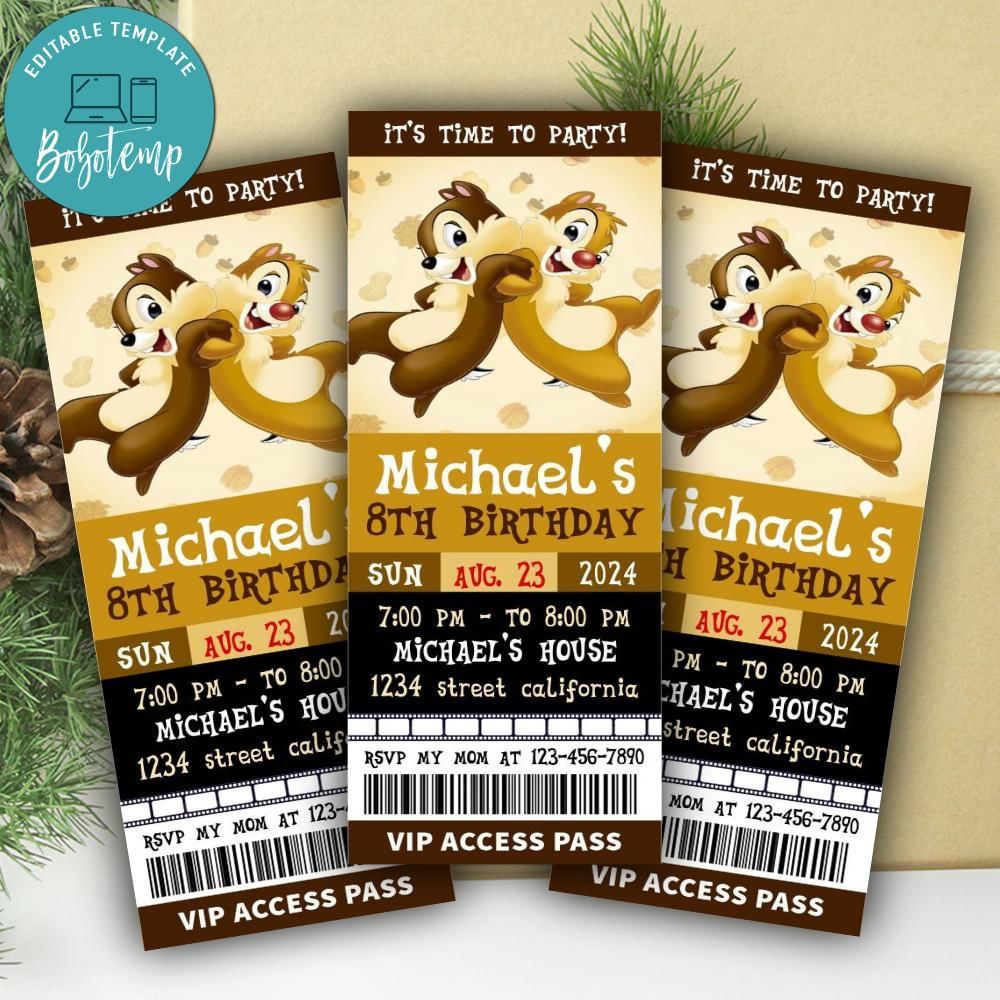Chip And Dale Ticket Invitation Customizable Template | Bobotemp