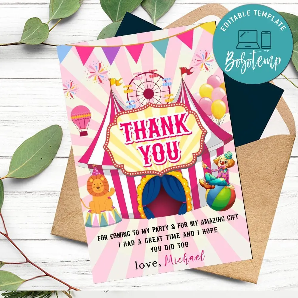 Pink carnival Thank you card Customizable Template DIY | Bobotemp