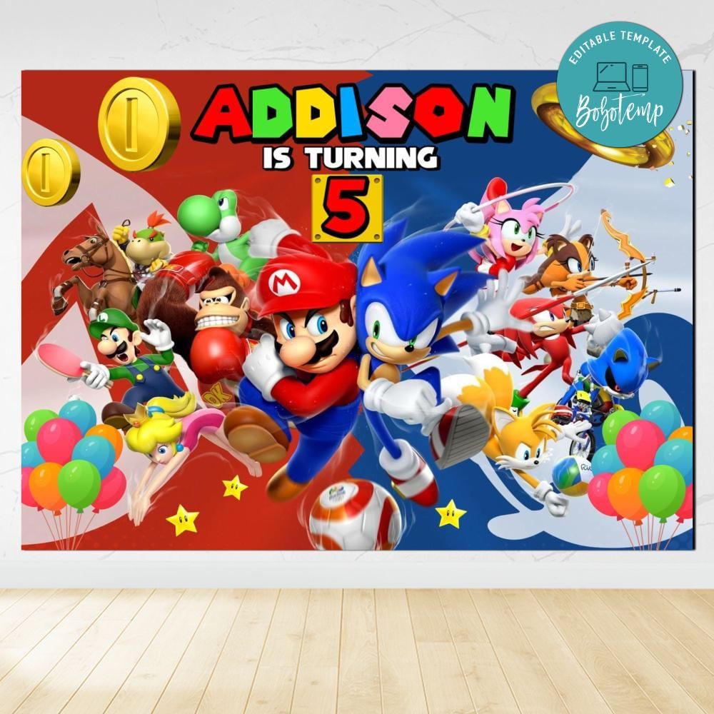 Sonic Mario Birthday Backdrop Digital File Template Createpartylabels