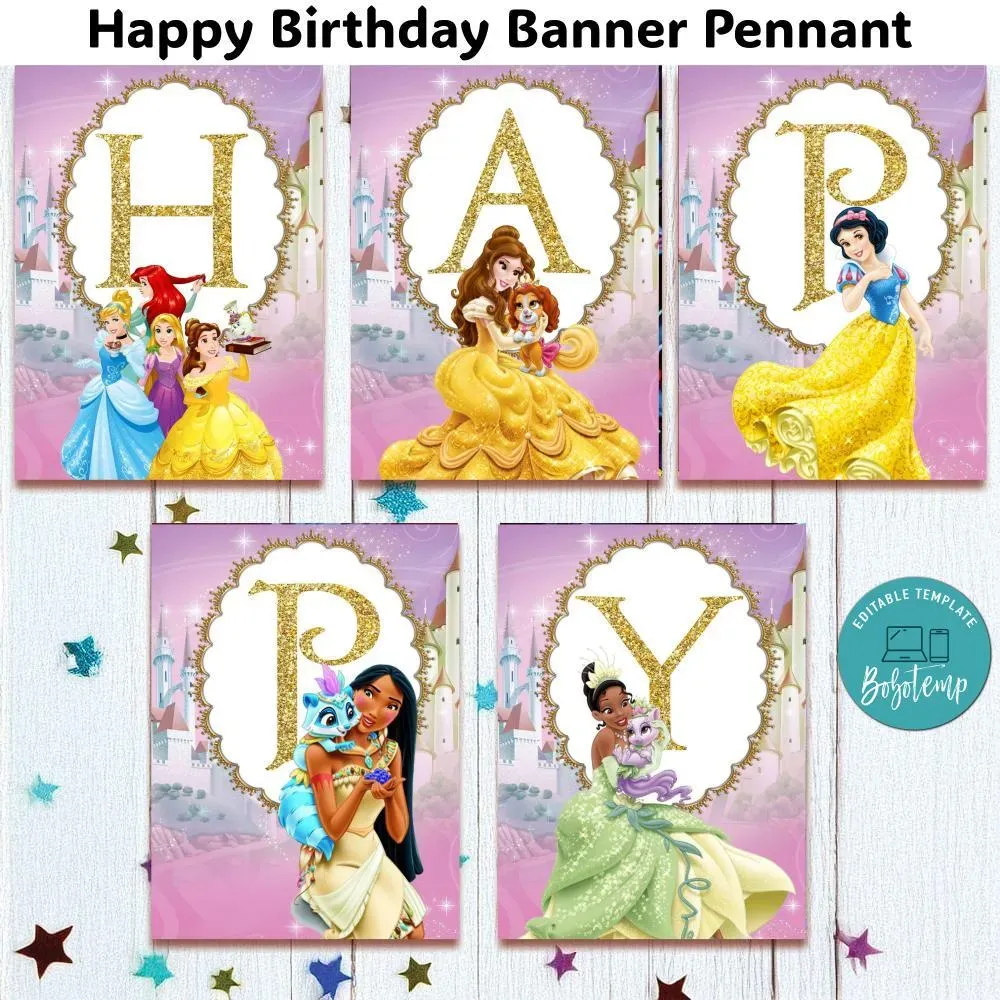 Disney Princess Banner Pennant Digital File Template | Bobotemp