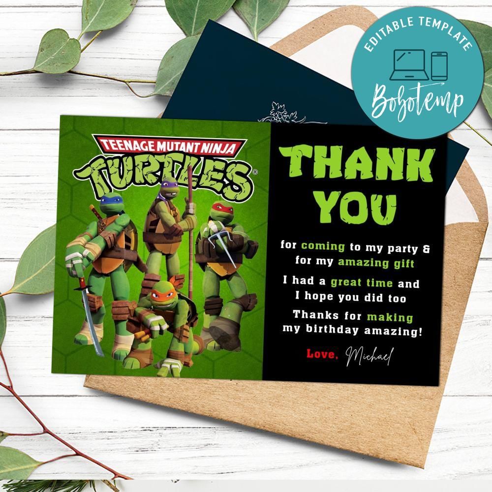 Ninja Turtle Thank You Card Customizable Template DIY | Bobotemp