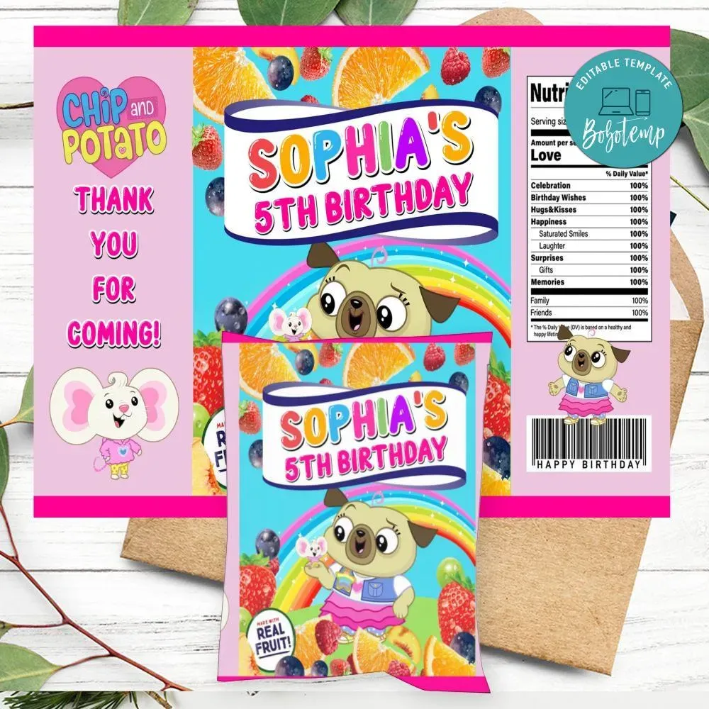 Chip And Potato Birthday Party Fruit Snack Bag Digital File | Bobotemp