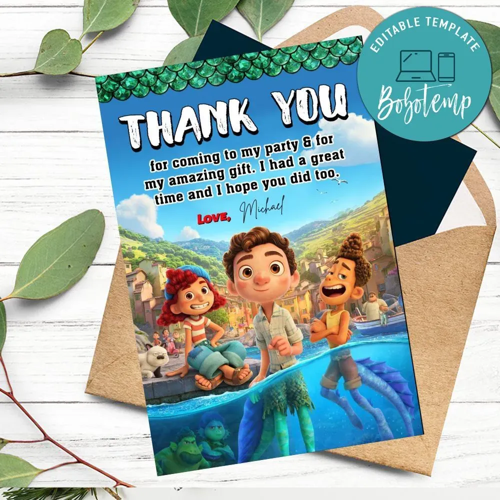 Disney Pixar Luca Thank You Card Customizable Template DIY | Bobotemp
