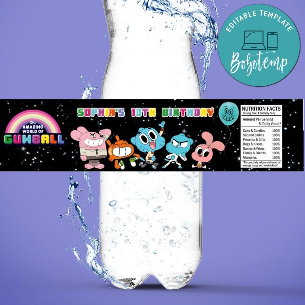 Gumball Birthday Water Bottle Label Template | Bobotemp