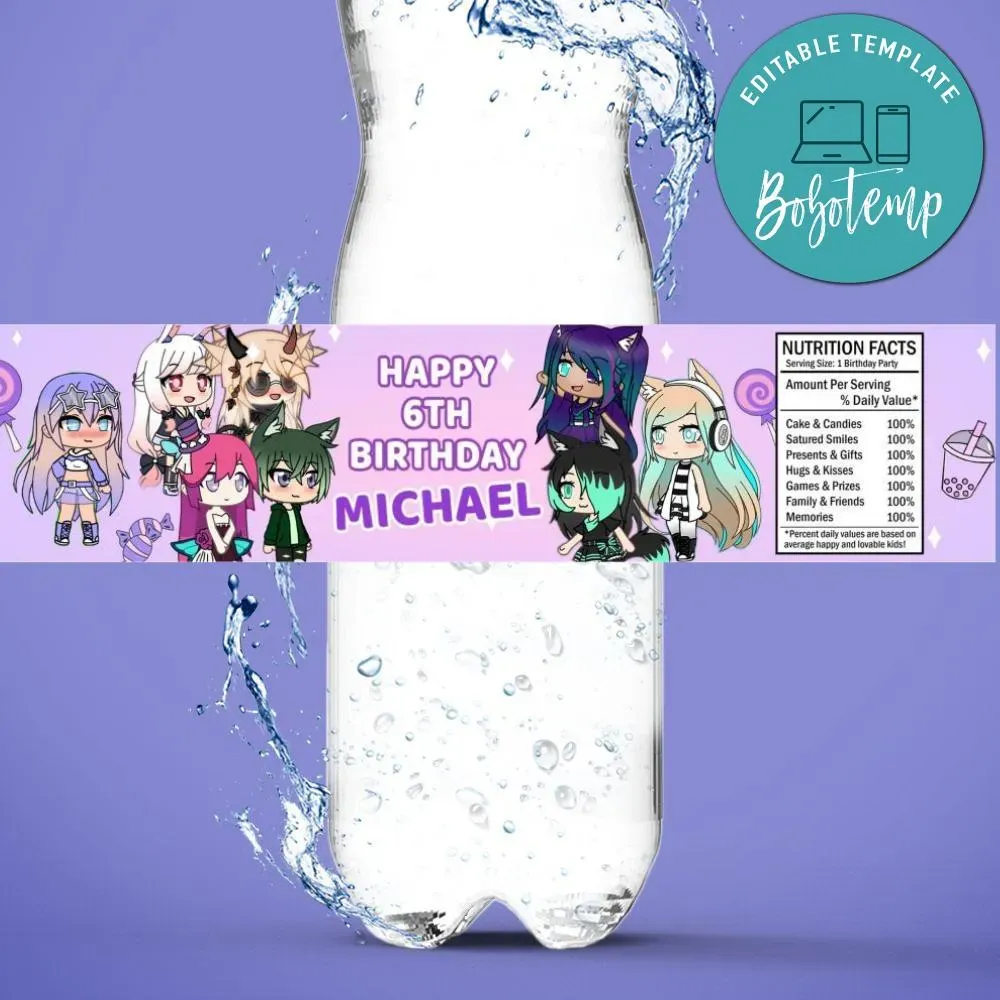 Gacha life Birthday Water Bottle Label Template | Bobotemp