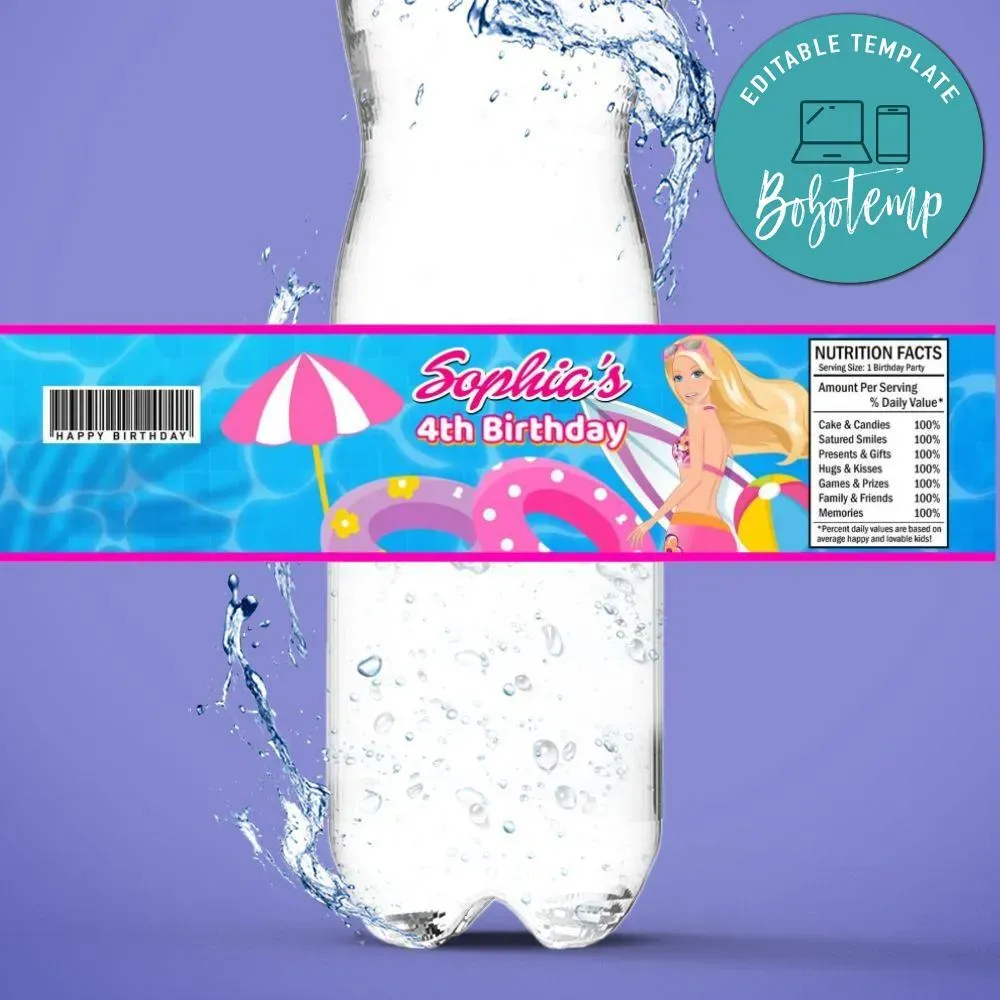 Barbie Pool Party Birthday Water Bottle Label Template | Bobotemp
