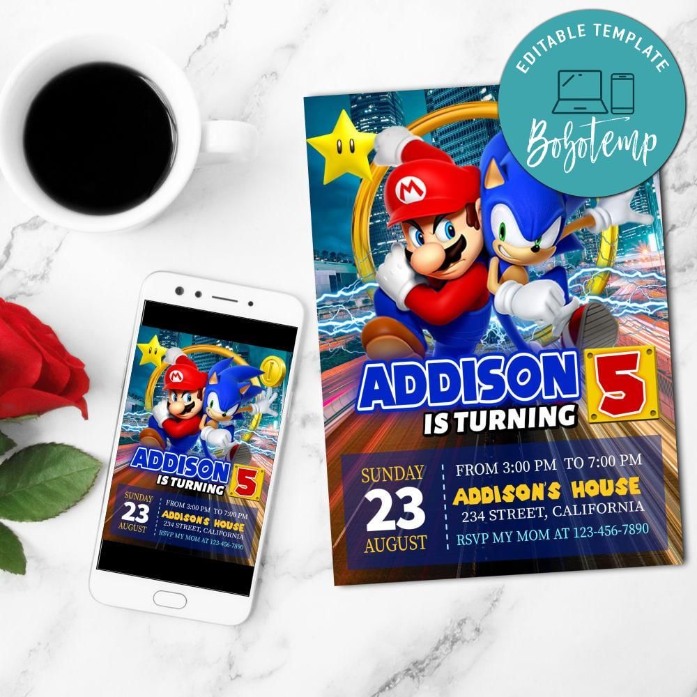 Super Mario Sonic Invitation Customizable Template DIY | Bobotemp
