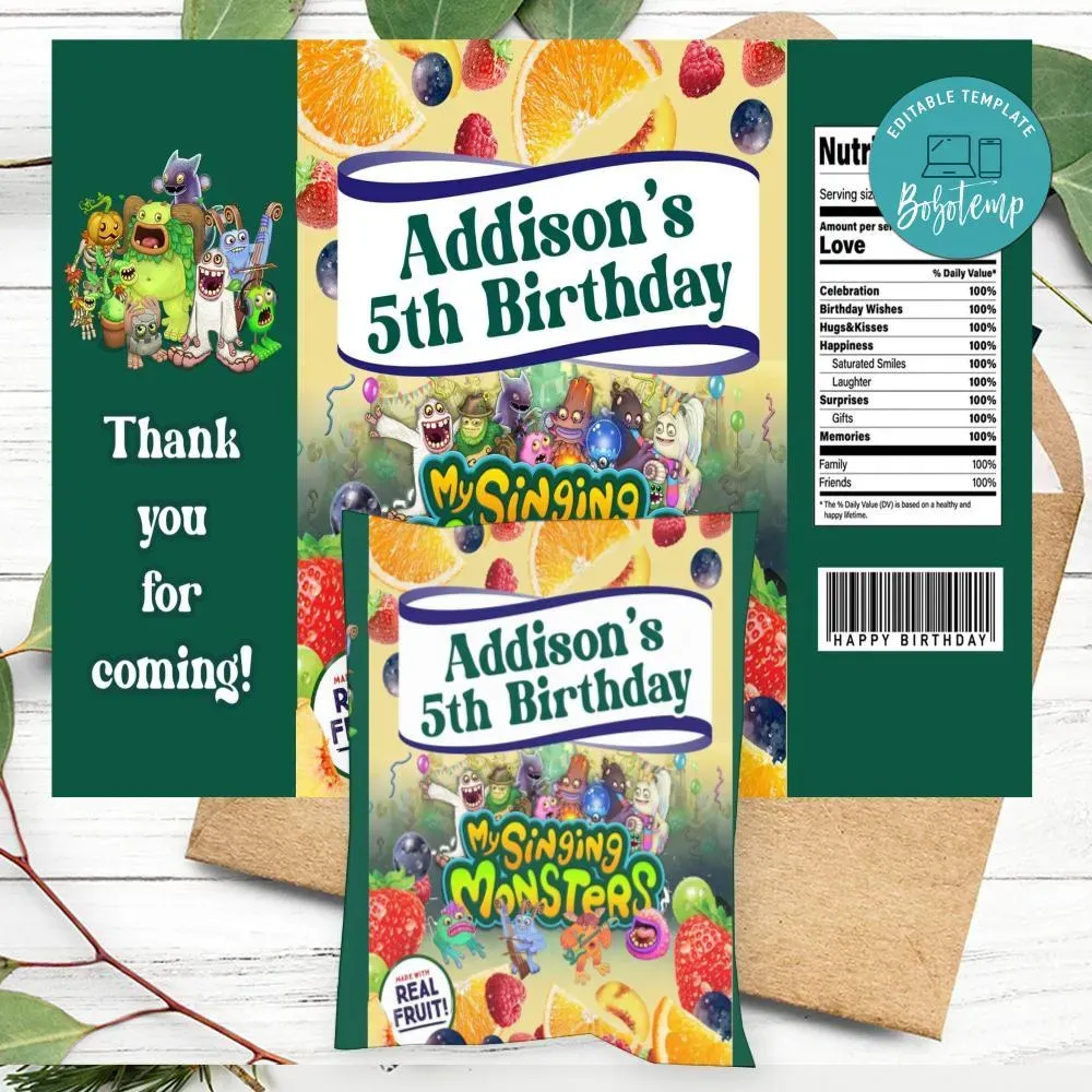 My Singing Monsters Birthday Party Fruit Snack Bag Digital File | Bobotemp