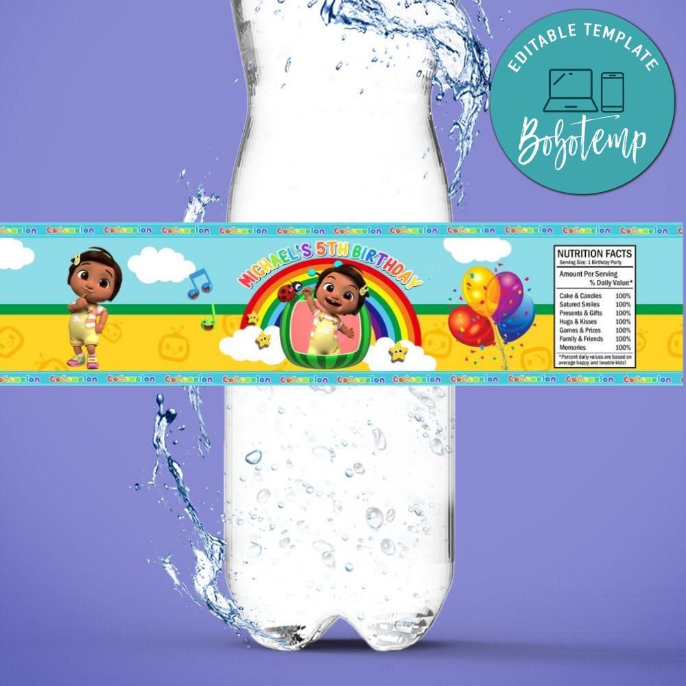 Nina cocomelon Birthday Water Bottle Label Template | Bobotemp