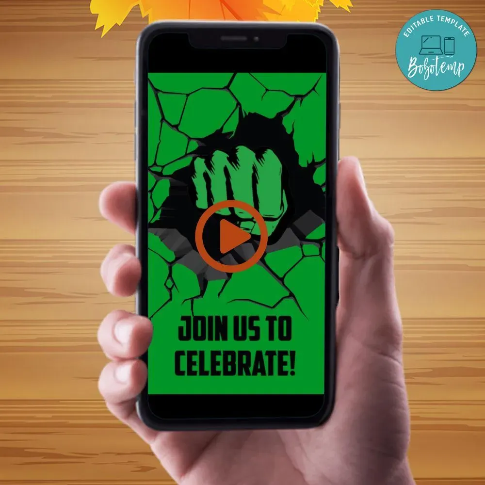 Hulk smash Video Invitation Digital Template DIY | Bobotemp