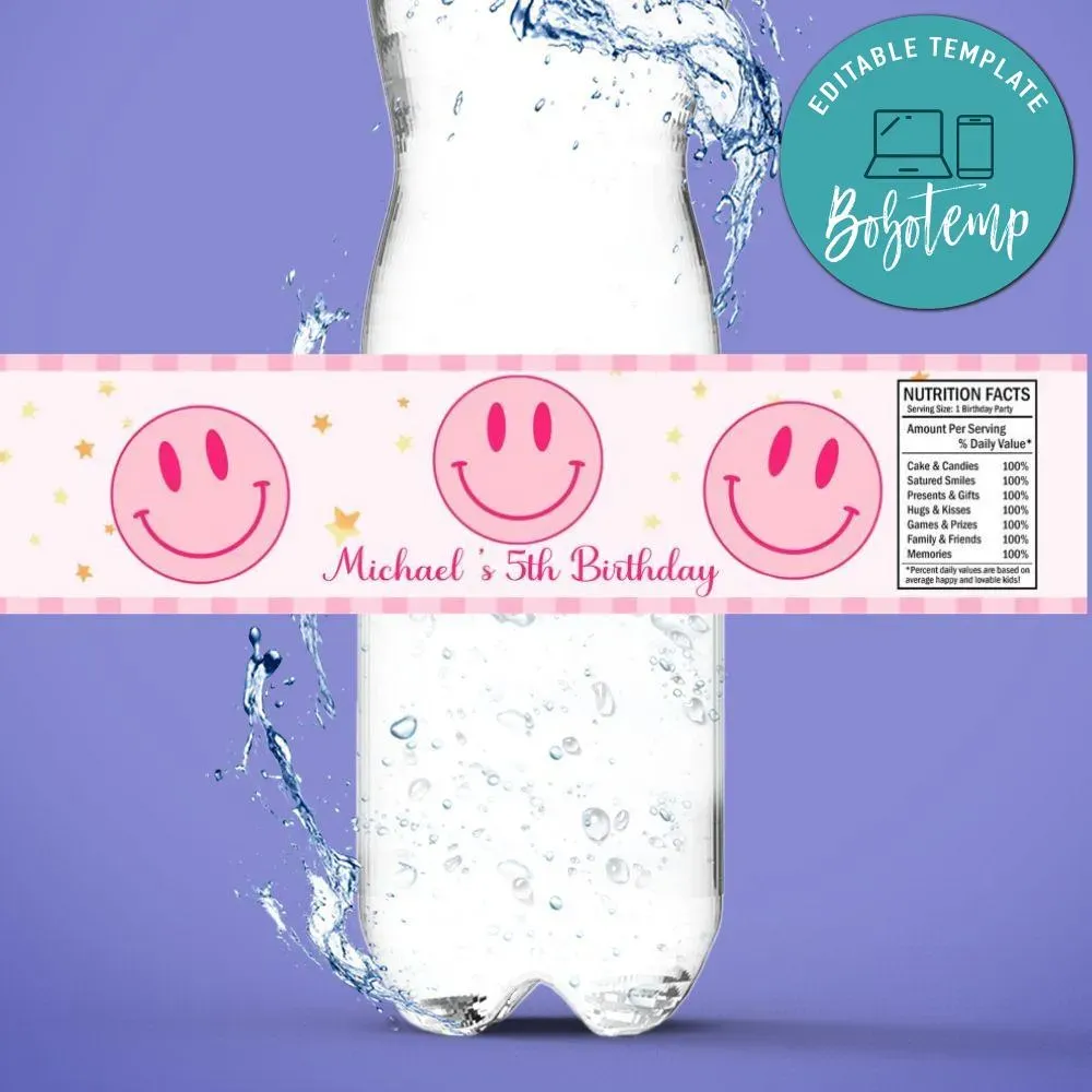 Preppy Pink Smiley Birthday Water Bottle Label Template | Bobotemp