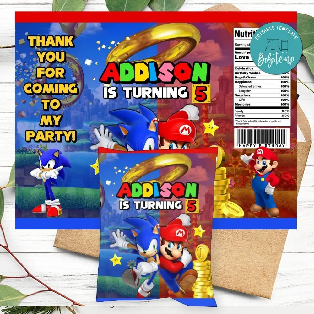 Sonic Mario Birthday Party Chip Bag Digital File Printable