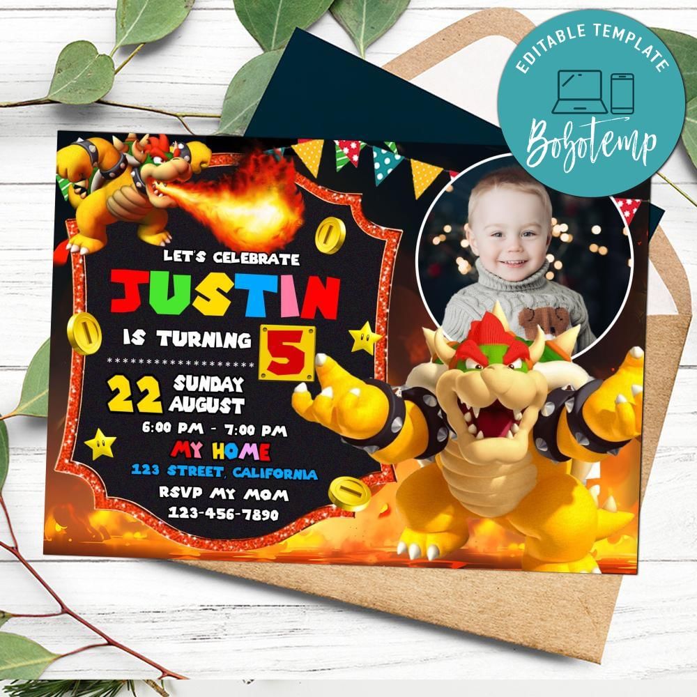 Bowser Birthday Invitation with Photo Customizable | Bobotemp