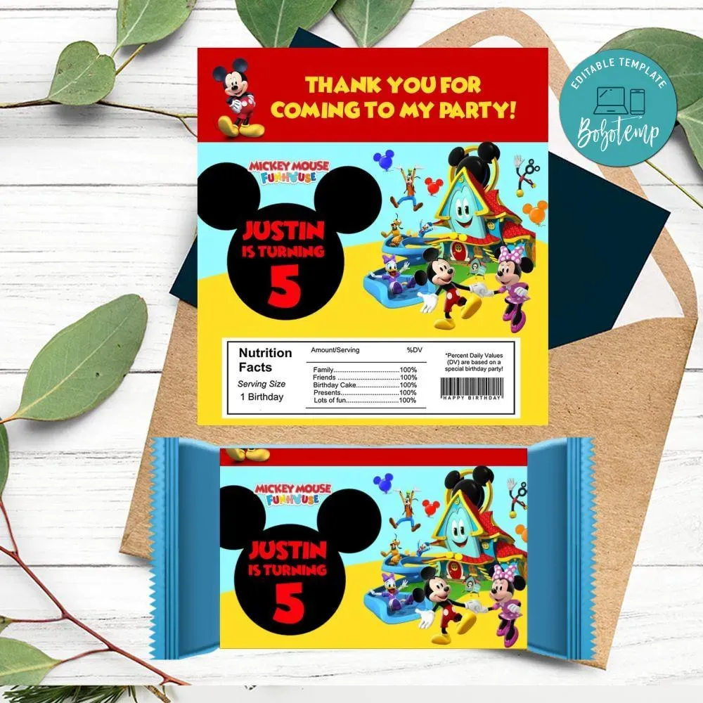 Mickey Mouse Funhouse Candy bar Label Customizable Template DIY | Bobotemp