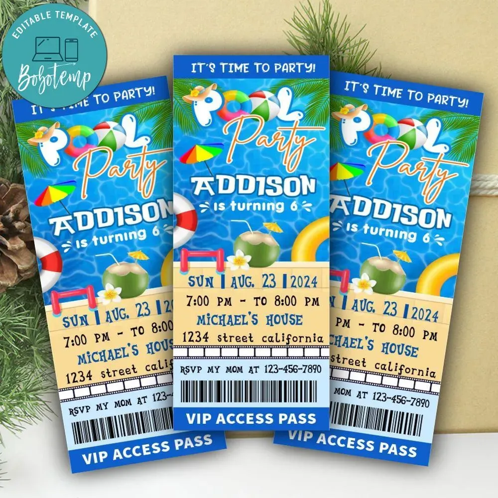 Pool Party Ticket Invite Customizable Template | Bobotemp