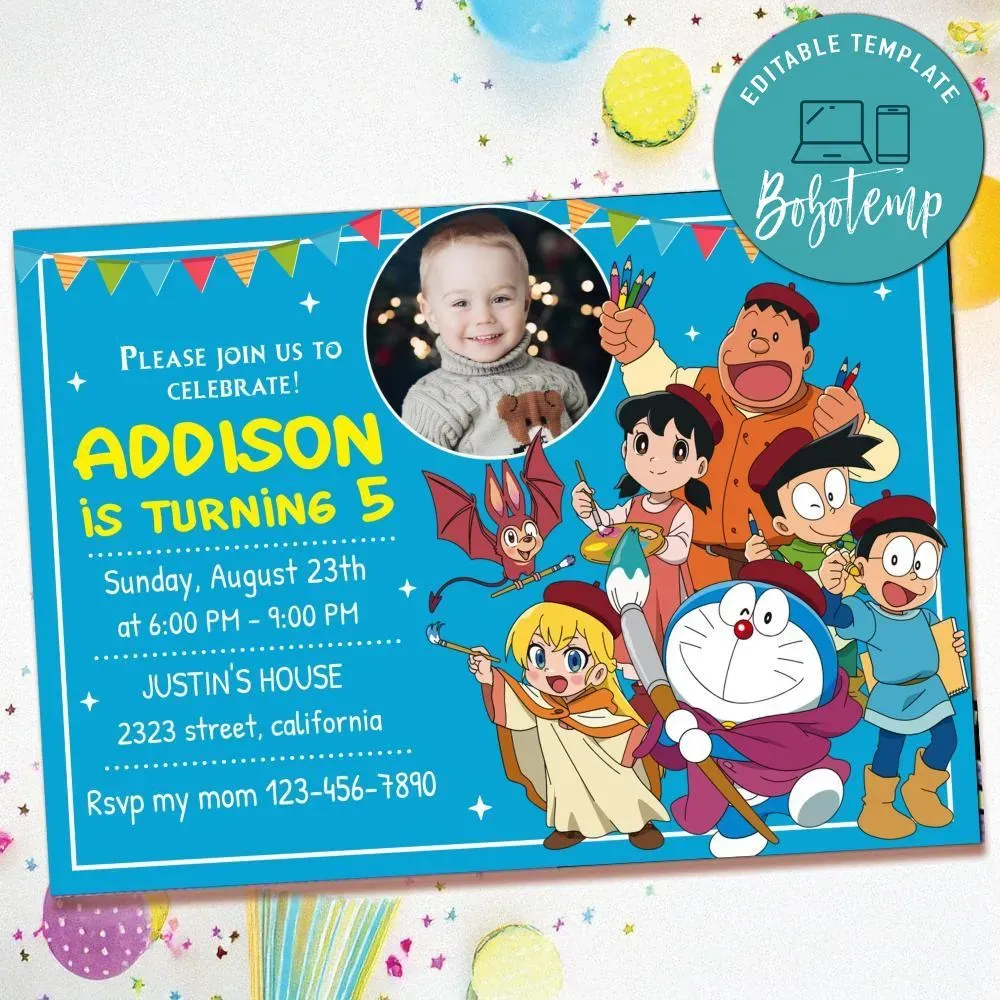 Doraemon 44 Invitation with Photo Customizable | Bobotemp