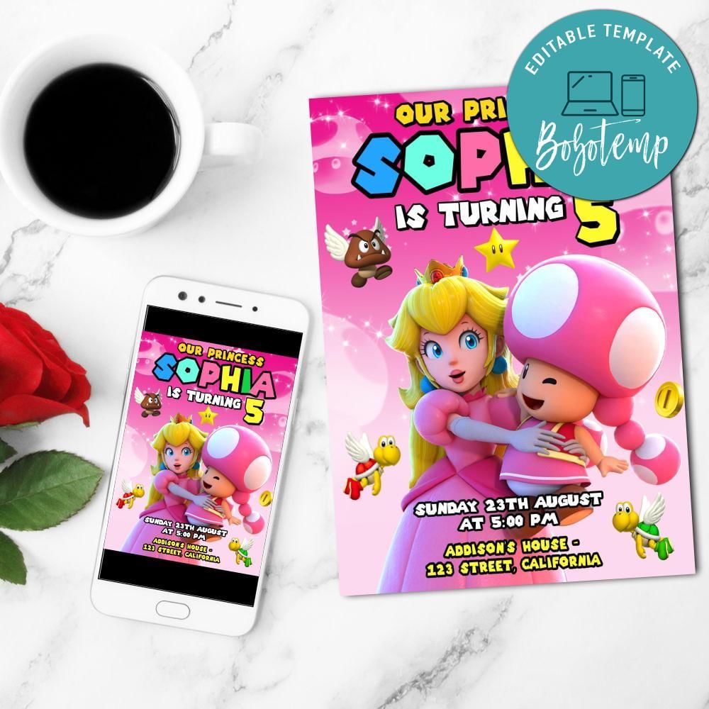 Princess Peach Birthday Invitation Customizable Template DIY | Bobotemp