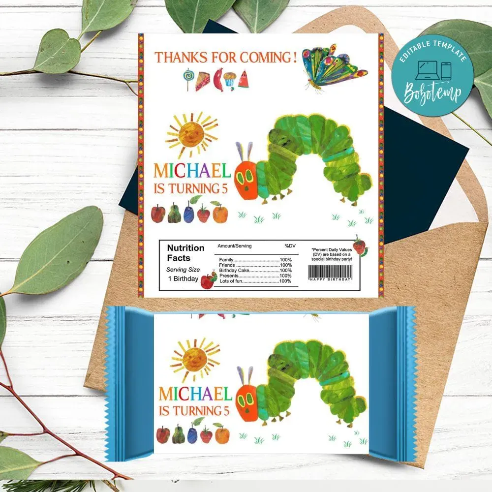 Hungry Caterpillar Candy bar Label Customizable Template DIY | Bobotemp