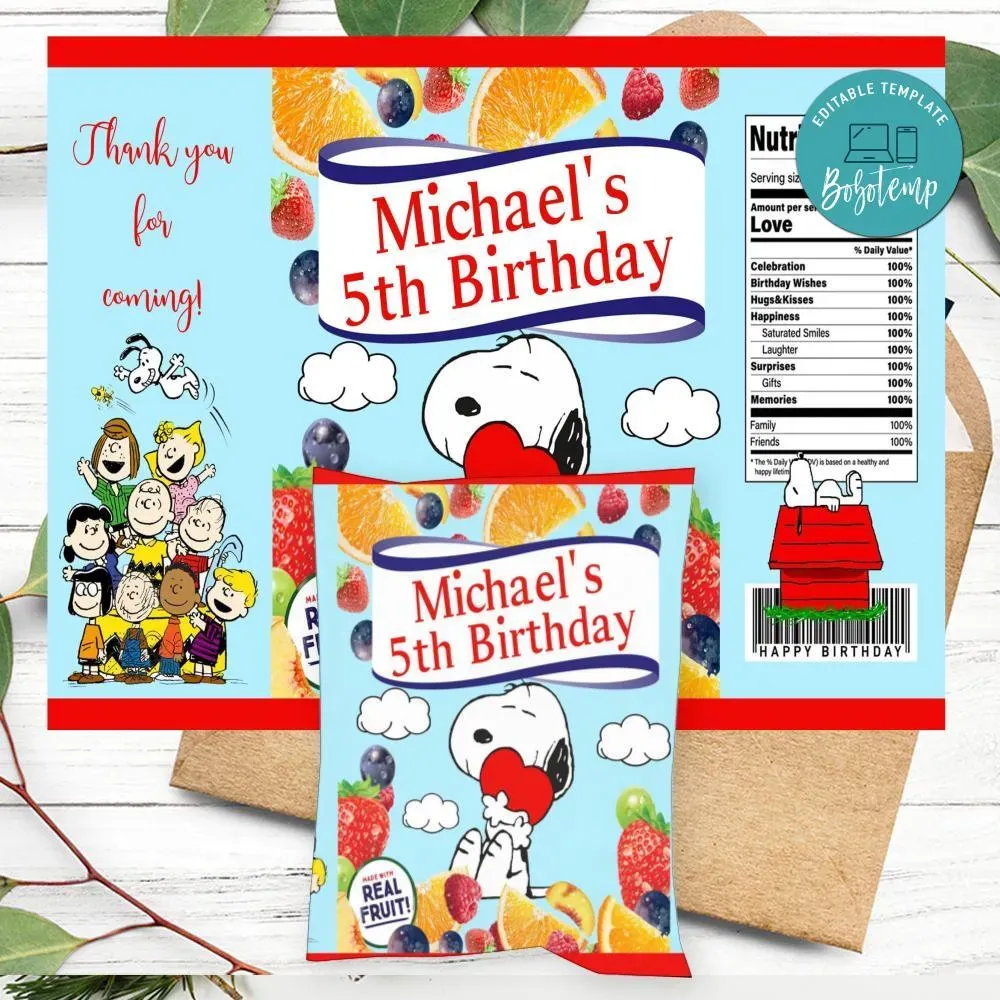 Snoopy Birthday Party Fruit Snack Bag Digital File | Bobotemp