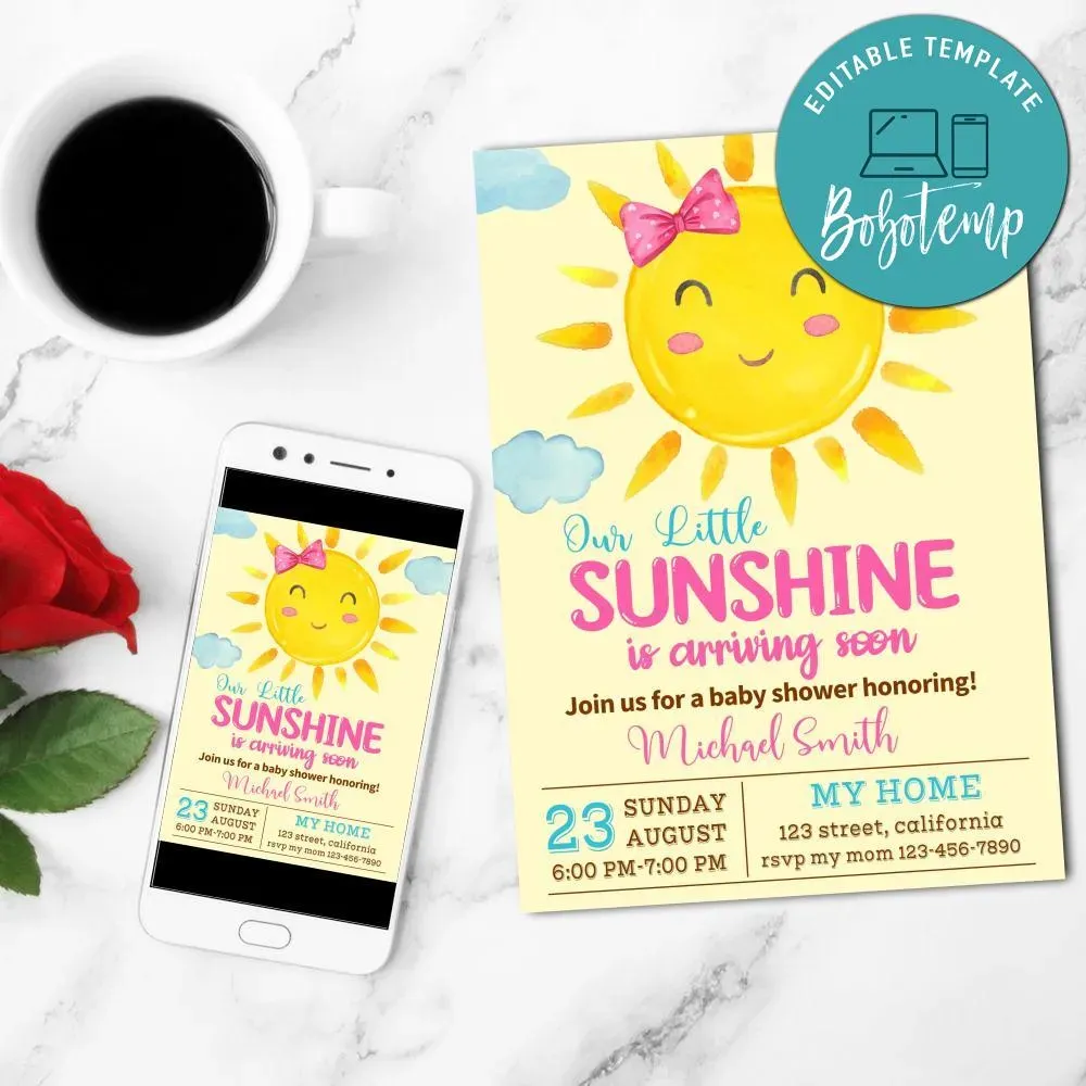 Our Little Sunshine Baby Shower Flyer Customizable Template | Bobotemp